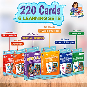 Teacher Rachel's Educational Flash Cards for Toddlers - Set Of 5 184 Cards Pre K-K Mega Flashcards Set with First Words, Alphabet, Colors, Shapes, Numbers, Manners, Greetings, Feelings, and Weather