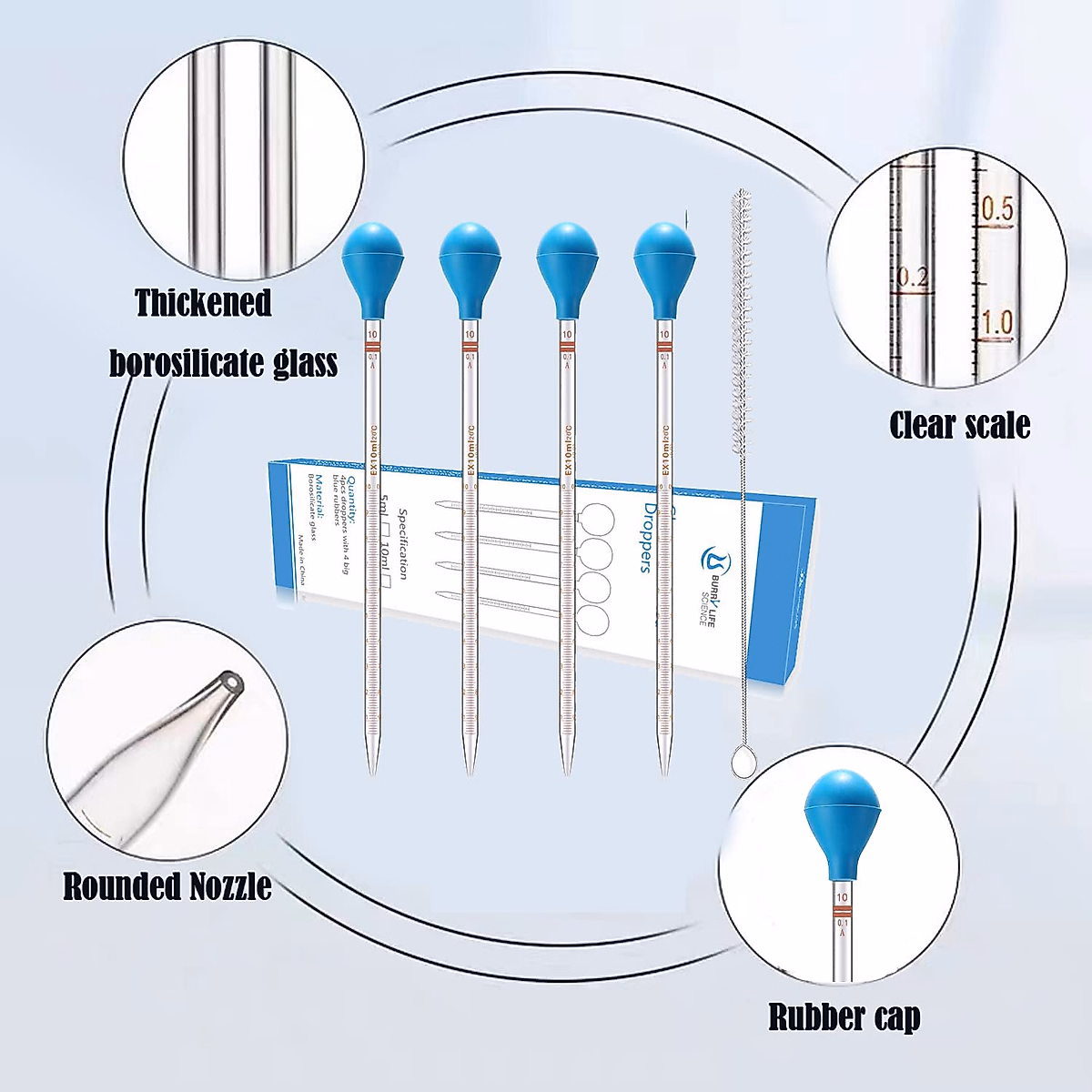 10ML Glass Graduated Droppers Pipettes Dropping Pipettes Fluid and Liquid Pipettors with Big Rubber Caps 4 Pcs