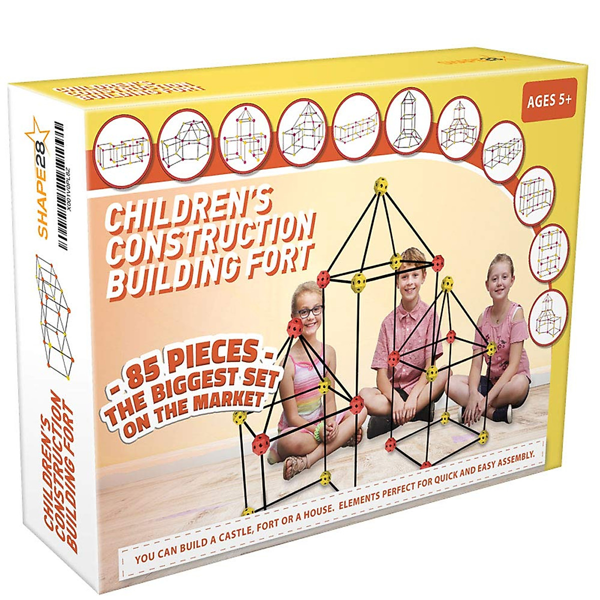 Construction Fort Building Kit 85 Pieces and Storage Bag - Build Castles Tunnels Tents Rocket- Creativity and Teambuilding - Great Discovery of Manual Skills Orange Yellow…