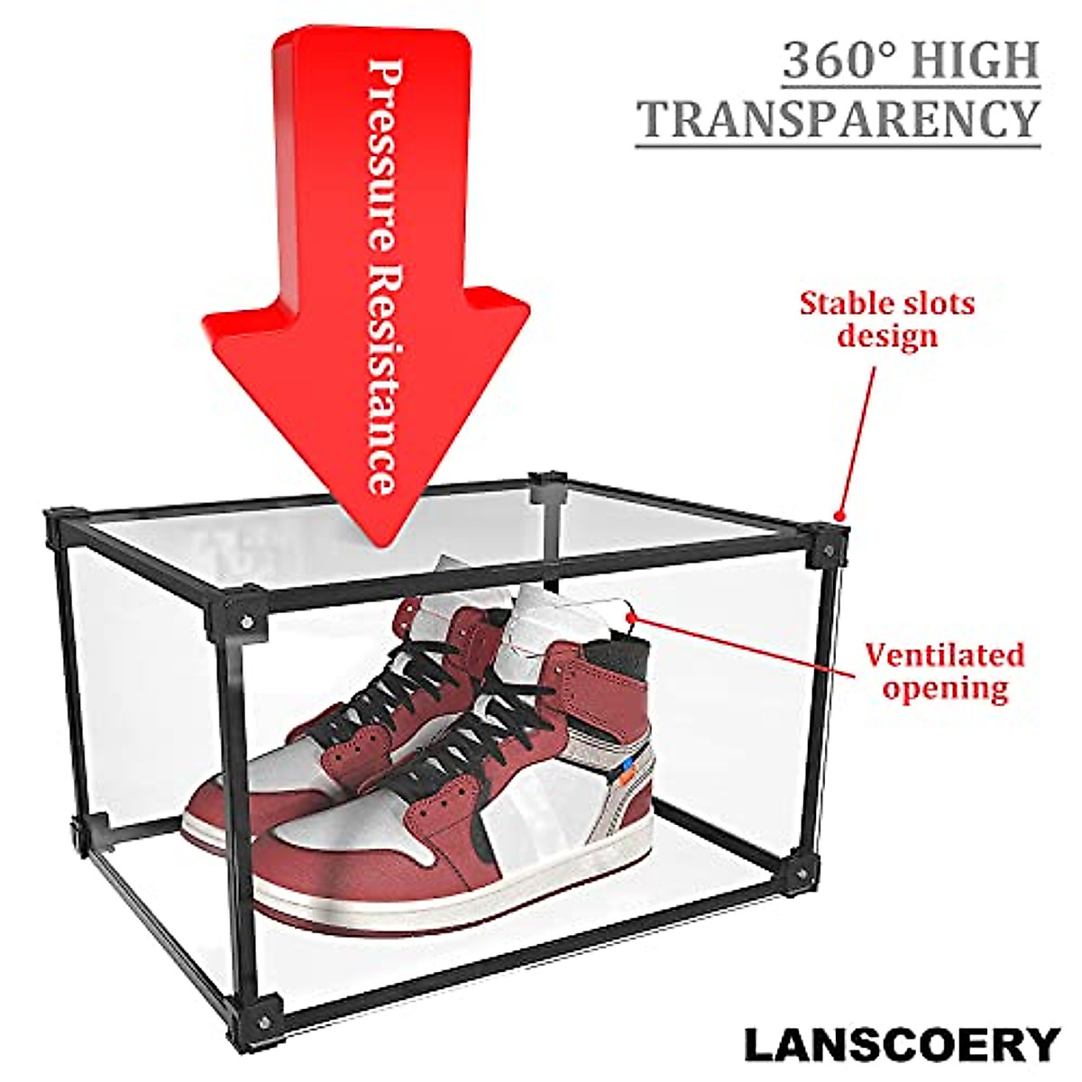 LANSCOERY Shoe Storage Box Stackable Shoe Organizer, Clear Acrylic Foldable Shoe Storage Containers Display Case with Magnetic Side Opening Door for Sneakers, Booties, Pumps, Flats, Heels, Set of 1