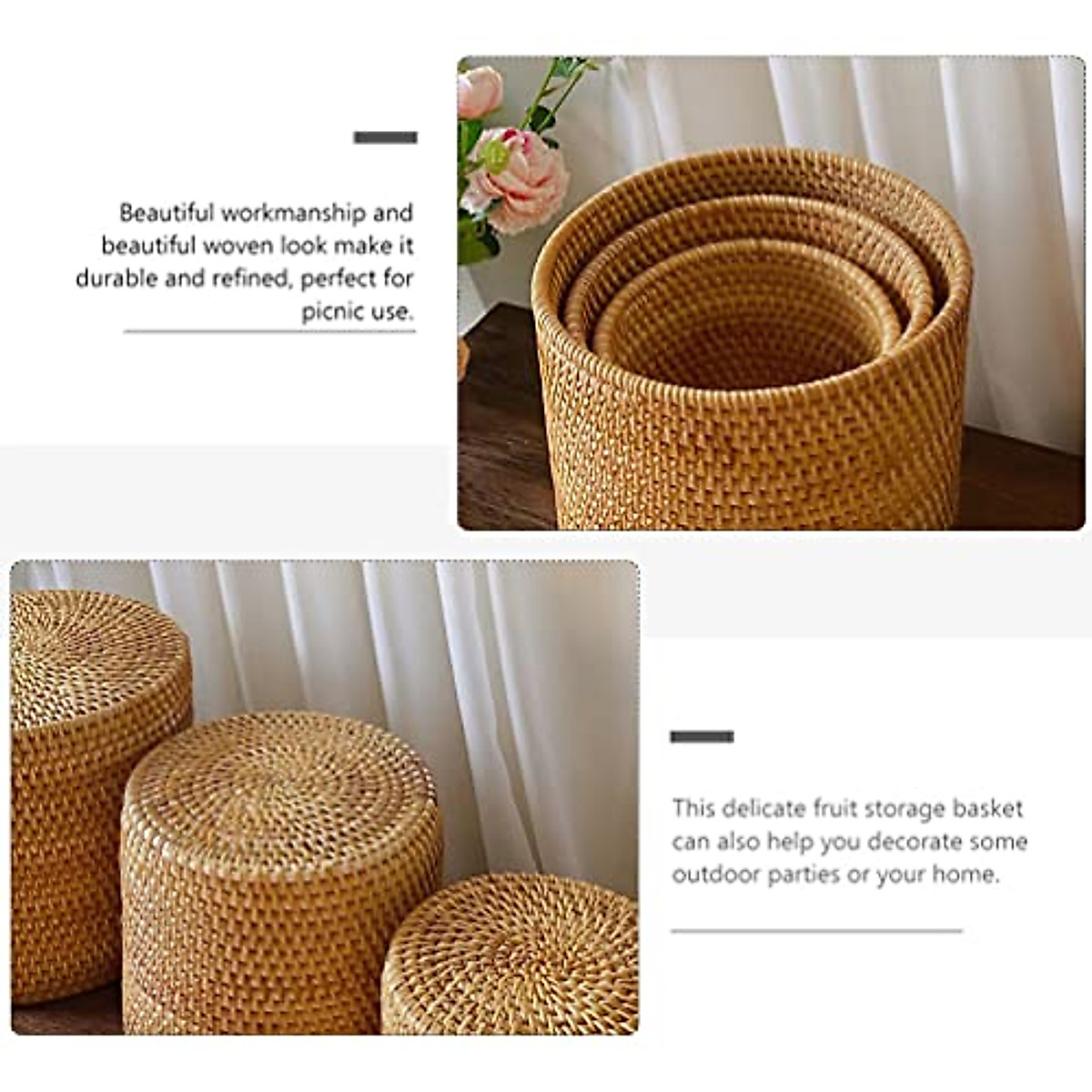 generic Rattan Storage Basket Rustic Woven Basket Desktop Garbage Bin Organizer Sundries Storage Bin for Bedroom Office Study Room - Size L, 9x9x8 Inch