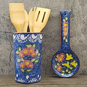 Handmade Hand Painted Portuguese Pottery Ceramic Spoon Rest (Floral), 11'' x 4.75'' x 0.5'' inches