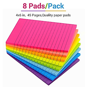 Tamak 4x6 Lined Sticky Notes Bright Ruled Post Stickies Strong Adhesive Memo Pads, 8 PadsPack, 45 SheetsPad (Multicolor-4x6), 111
