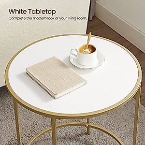 VASAGLE Round Side Table, End Table with Metal Frame, Small Coffee Accent Table, Nightstand, Bedside Table, Easy Assembly, for Living Room, Bedroom, Modern Style, Gold and White ULET282A10