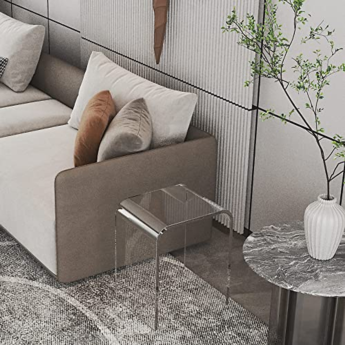 WAHFAY Acrylic End Table, Modern Lucite Side Table with Waterfall Edges, Contemporary Square Nightstand and Stool for Living Room and Bedroom, Clear