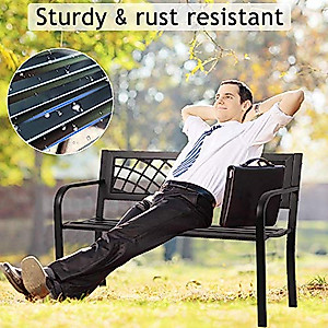 Patio Park Garden Bench Outdoor Metal Benches,400 lbs Cast Iron Steel Frame Chair w/PVC Mesh Pattern - for Park Yard Front Porch Path Yard Lawn Decor Deck Furniture,Black