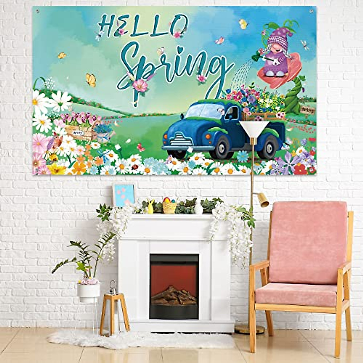 Hello Spring Decorations Spring Easter Photography Banner Gnome Blue Truck Daisy Backdrop Butterfly Flowers Background for Holiday Photo Prop Booth Indoor Outdoor, 43.3'' x 72.8''
