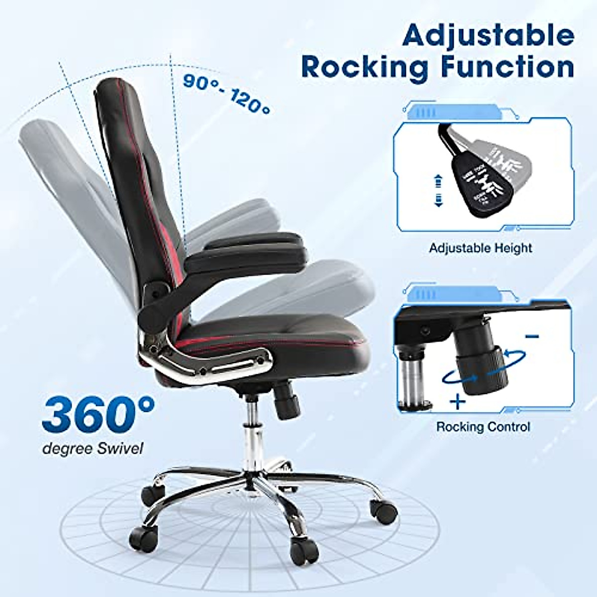 Ergonomic Gaming Chair - Mid Back PU Leather Home Office Desk Chairs, Flip Up Armrest Computer Task Chair with Lumbar Support Wheels, Rocking, and Swivel, Red