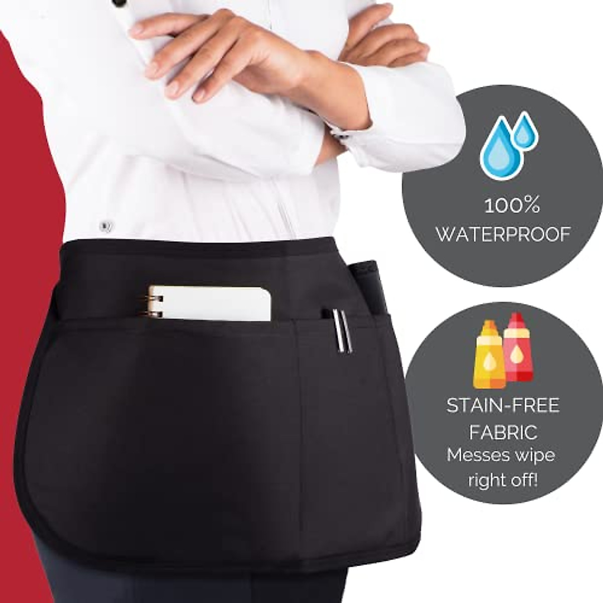 SupplyMaid Waterproof Server's Apron with 3 Pockets & Buckle Waist Closure - Black Waitress Stain-Proof Bistro Bartender Canvas Work Aprons Holds Pens, Notepads, Straws, Server Book, Bar Towel, Tips