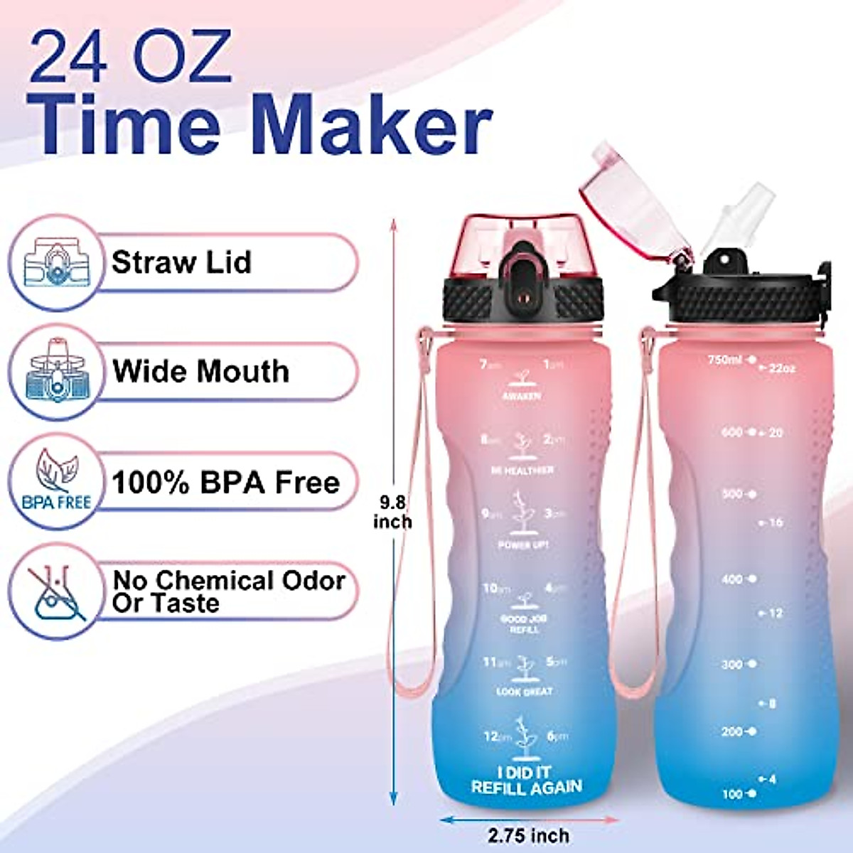 AIDEAMART 24 OZ Motivational Kids Water Bottle With Time Marker,Straw Lid&Chug Lid, Leak Proof, Tritan BPA Free Sports Water Pink-Blue(2 Lid)