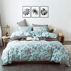 ANNA.Z HOME 3-Piece Cotton Duvet Cover Set. 100% Cotton Percale Fabric. Real Reversible Design. Pre-Washed Printed Fabrics. Soft and Easy Care. Modern Farmhouse Style. (Green, King Set)