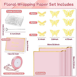 93 Pcs Flower Bouquet Wrapping Paper Kits, 20 Sheets Christmas Waterproof Floral Wrapping Paper 10 Greeting Cards 12 Gold Butterfly 50 Flower Pins 1 Roll Ribbon for Wedding Graduation Birthday