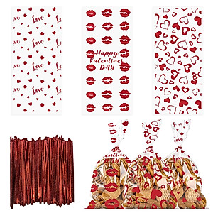 Hying 150 PCS Happy Valentine's Day Cellophane Bags with Twist Ties for Gifts, Love Heart Kiss Cello Treat Bages Valentines Treat Bags for Cookie Candy Goodies Wrapping Supplies