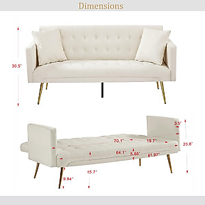 Anwick 72" Velvet Satin Futon Sofa Bed,Convertible Sleeper Couch Bed with 2 Pillows,Modern Tufted Recliner Loveseat with Golden Metal Legs for Small Home Office Living Room (Beige-Button Tufted)