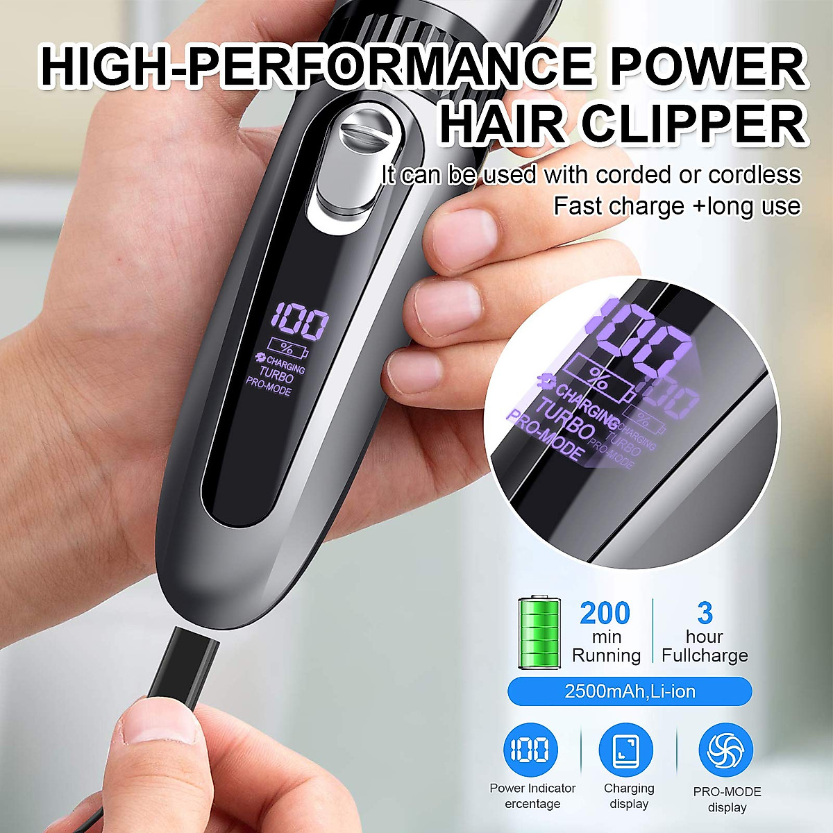 Cordless Hair Clippers for Men, Professional Hair Trimmer, Powerful Hair Grooming Cutting kit, Rechargeable Waterproof Electric Mens Haircut Clipper for Barbers & Home Use with LED Display