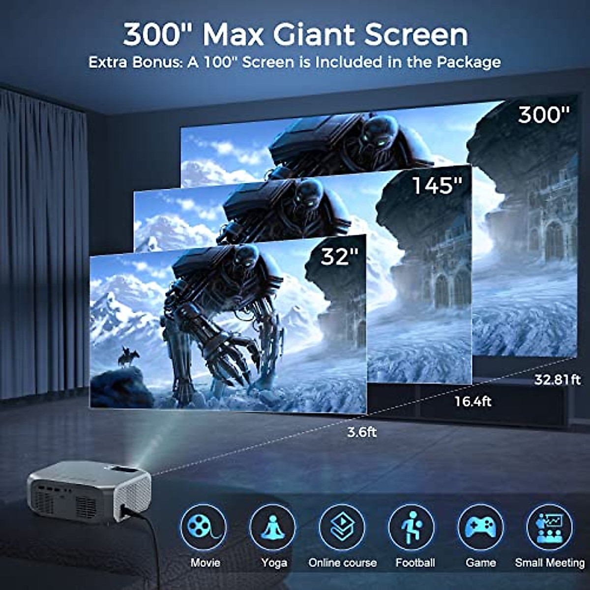 FUDONI Projector with 5G WiFi and Bluetooth, 10000L Native 1080P Portable Outdoor Video Projector 4K Supported, Home Theater Movie Projector with Screen for Phone/PC/TV Stick/PS5