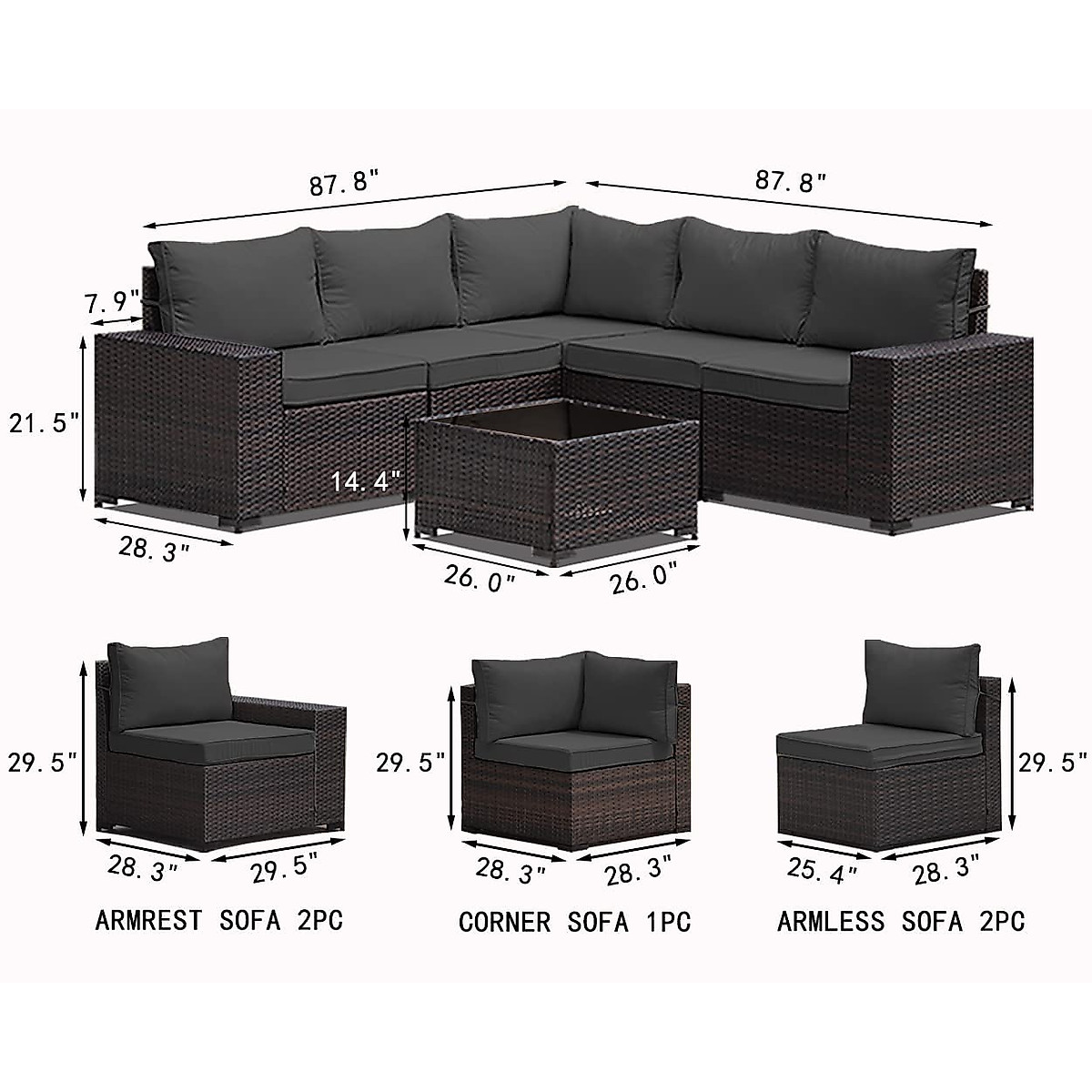 Halmuz 7 Piece Outdoor Patio Furniture Set with Propane Fire Pit, High Back PE Wicker Rattan Outdoor Sofa Conversation Set,Sectional Furniture Patio Set w/Tempered Glass Top Table&Gas Fire Pit(Grey)