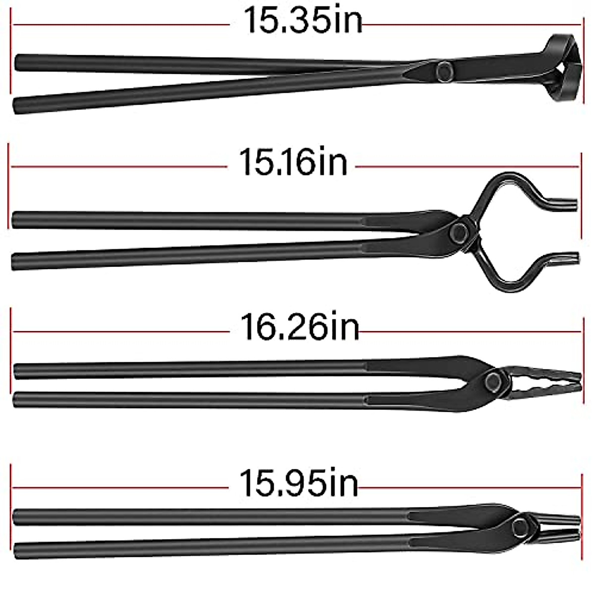 Blacksmith Forging Tools Knife Making Tongs Set Fire Tongs Anvil Blacksmithing Tongs Forge Tools Includes V-Bit Bolt Tongs, Wolf Jaw Tongs, Flat Tongs, Blade Tongs (Pack of 4)
