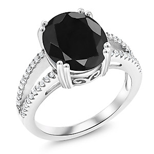 Gem Stone King 4.88 Cttw Black Sapphire Ring For Women In 925 Sterling Silver | Oval 12X10MM | Gemstone September Birthstone | Available In Size 5, 6, 7, 8, 9