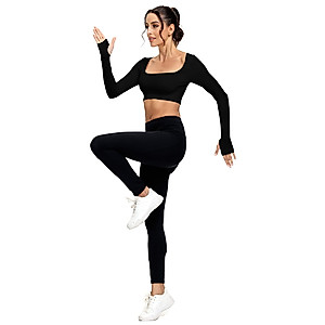 3 Pack Ribbed Seamless Long Sleeve Crop Tops Square Neck Cropped Top Set for Women Workout Gym Yoga (Black, Reddish Brown, Beige, Large)