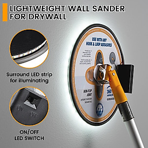 Hohean 9 Inch Drywall Sander with LED Light, Radial Sander with 360 Degree Rotary Round, Drywall Handing Pole Sander for Wall Cleaning and Polishing, Circular Ceiling Sander for Dry Wall and Painting