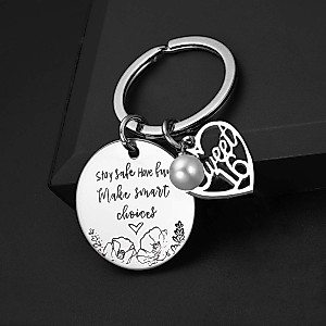 FAMOORE Stay Safe Have Fun Make Good Choices Sweet 16 Years Old Girl Gifts for Birthday, 16th teenage Drivers Keyring, New Driver or Graduation Keychain, Silver, Medium