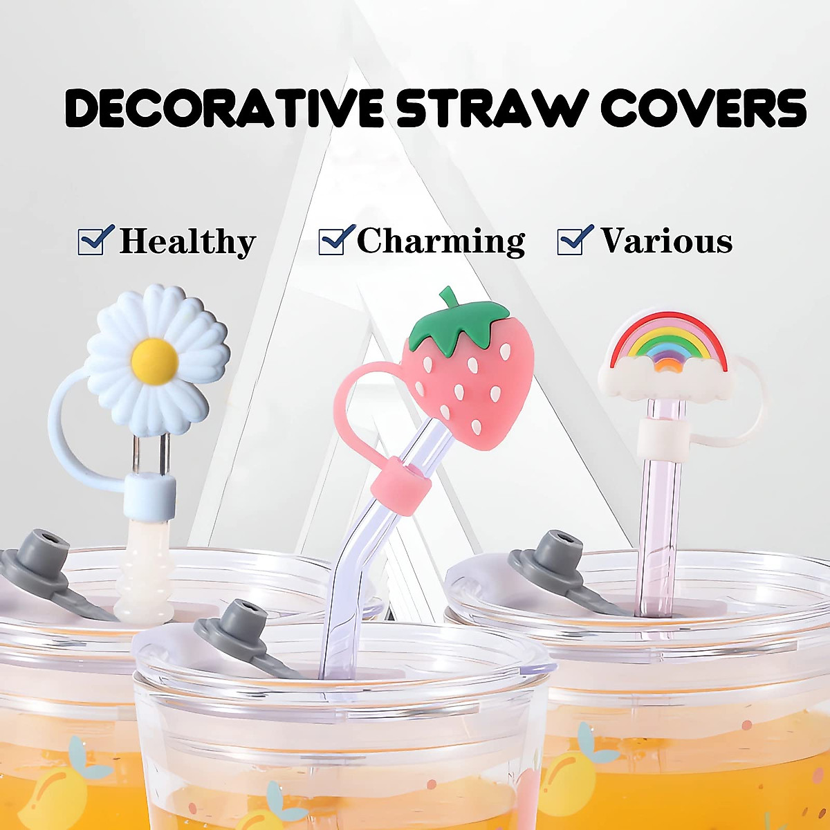 12PCS Straw Covers, Silicone Straw Covers for 6mm To 8 mm Straws, Cute Straw Caps Covers for Reusable Straws, Various Straw Tip Covers, Straw Toppers For Tumblers