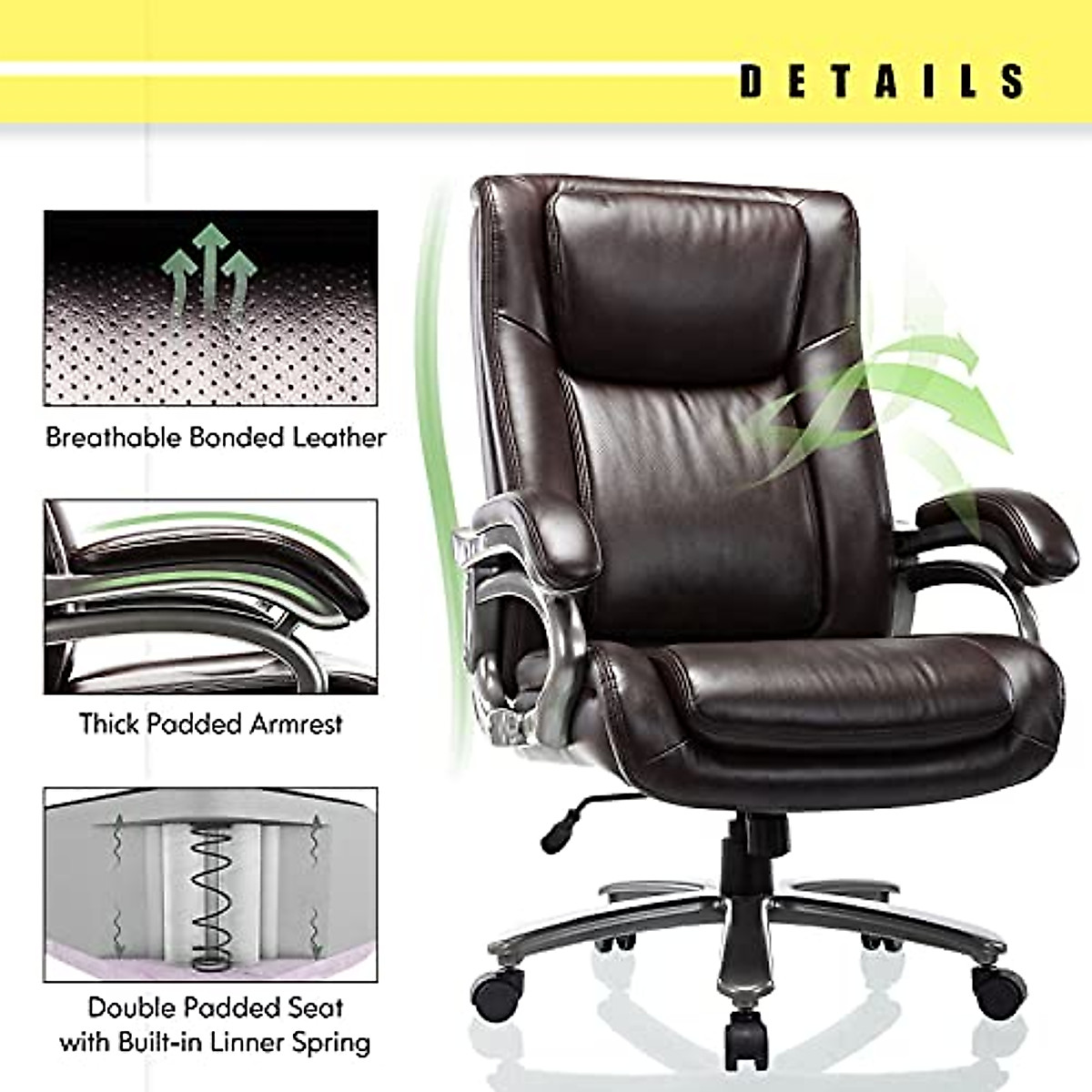 Big & Tall 400lb Office Chair - High Back Executive Computer Chair Heavy Duty Metal Base and Adjustable Tilt Angle Large Bonded Leather Desk Swivel Chair, Ergonomic Design for Lumbar Support (Brown)