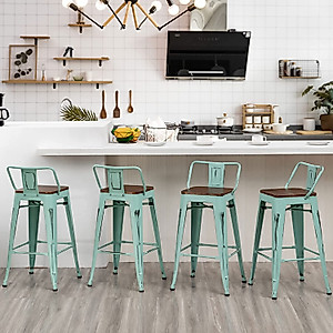 Andeworld Bar Stools Set of 4 Counter Height Stools Industrial Metal Barstools with Wooden Seats(24 Inch, Distressed Green Blue)