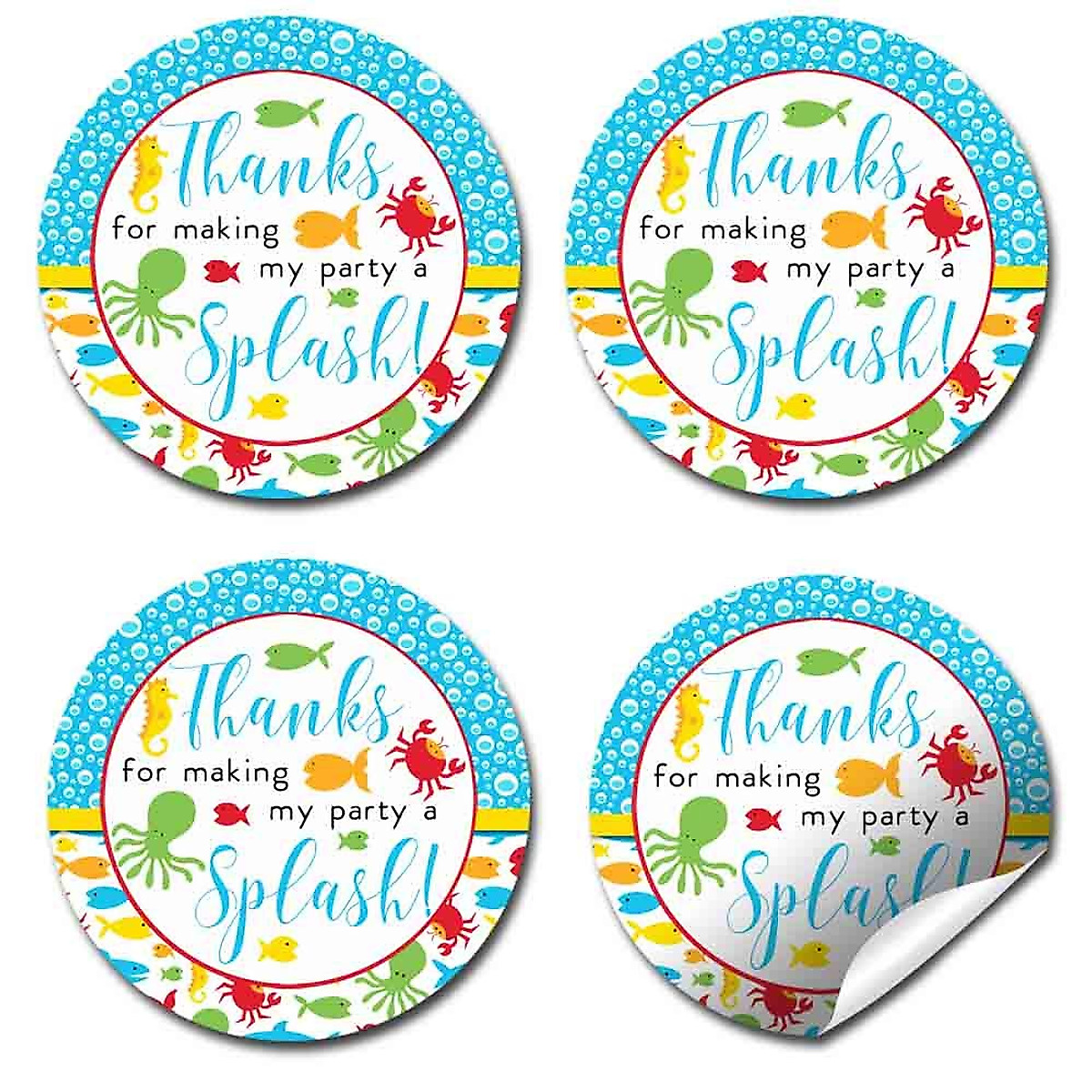 Aquatic Under The Sea Birthday Thank You Sticker Labels for Kids, 40 2" Party Circle Stickers by AmandaCreation, Great for Party Favors, Envelope Seals & Goodie Bags