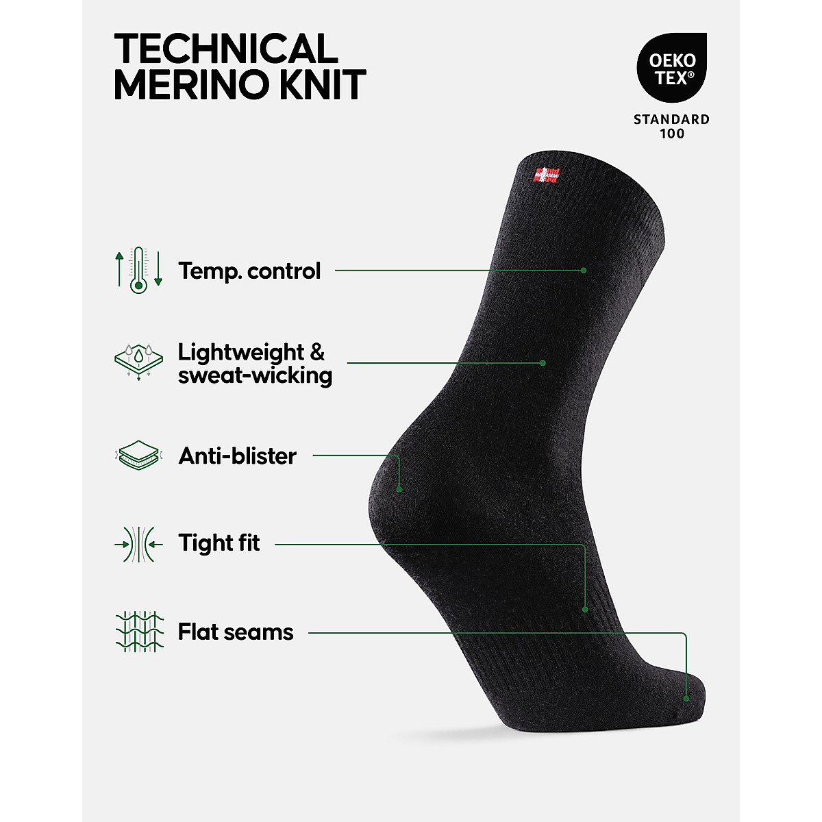 DANISH ENDURANCE Merino Wool Hiking Liner Socks, Thermal, Anti-Blister for Men and Women 2- Pack, Black, Medium