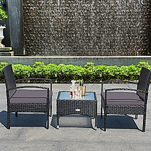 HAPPYGRILL 3 Pieces Patio Furniture Set Outdoor Conversation Set Rattan Wicker Bistro Set with Glass Coffee Table & Soft Cushions for Balcony Garden Poolside