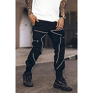 BOOMLEMON Men's Cargo Jogger Pants Reflective Technical Hip Hop Harem Pants Punk Streetwear Tactical Track Pants(Black L)