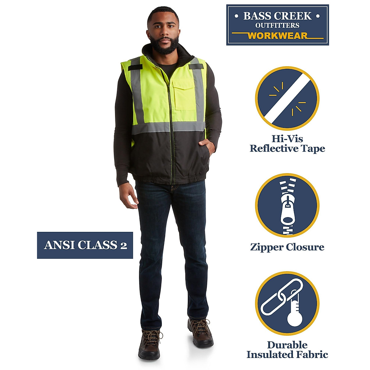 Bass Creek Outfitters Men's Safety Vest - High Visibility Workwear Insulated Construction Vest with Reflective Tape (M-XXL), Size Large, Hi Vis Yellow