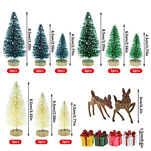 Yookat 51Pcs Pine Trees Artificial Trees with Wood Base Sisal Bottle Brush Trees Assorted Color and Deer Boxes Winter Snow Ornaments for Christmas Decoration