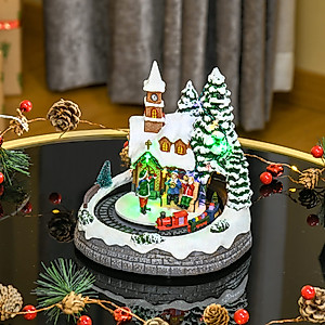 HOMCOM Animated Christmas Village, Pre-lit Musical Collectable Decor with Moving Train for Indoor Holiday Displays, Built-in LED Lights for Tabletop