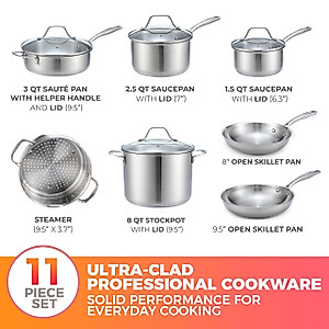 Mueller Pots and Pans Set 11-Piece, Ultra-Clad Pro Stainless Steel Cookware Set, Ergonomic and EverCool Stainless Steel Handle, Includes Saucepans, Skillets, Stockpot, Saute Pan, Steamer