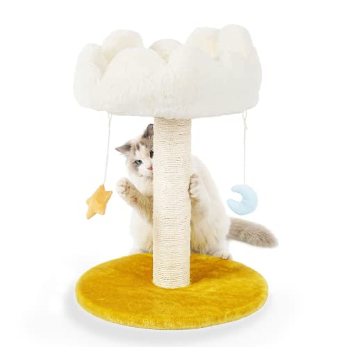 Happi N Pets Cloud Cat Scratching Post with Bed, Cat Tree Tower for Indoor Cats, Nature Sisal Cat Scratcher with Cozy Fluffy Perch for Kitten & Adult Cats, Small Cat Tower with Toys, Stable Cat Stand