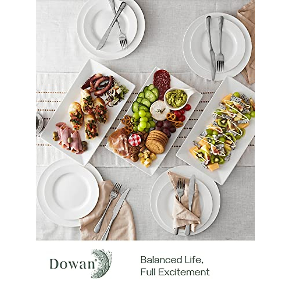 DOWAN 12" Rectangle Plates Set of 4 & 14" Serving Platter Set of 3