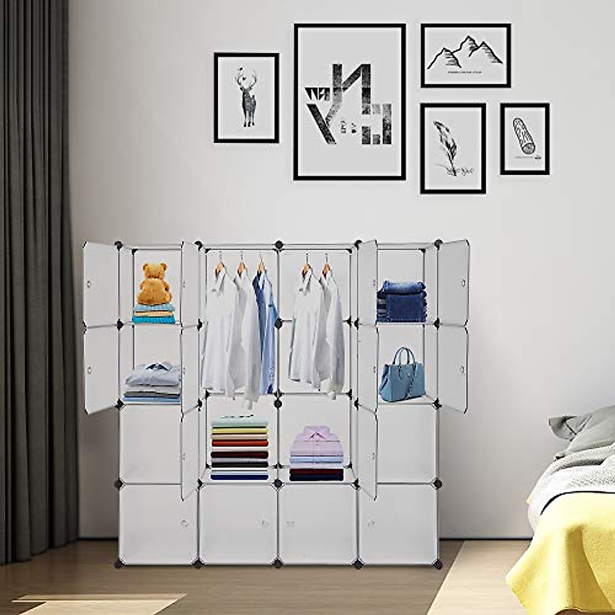 MengK Modular Closet Organizer - 16 Cube Wardrobe Storage System with Drawers and Doors - Perfect for Clothes, Shoes, Toys - DIY Bookcase in White