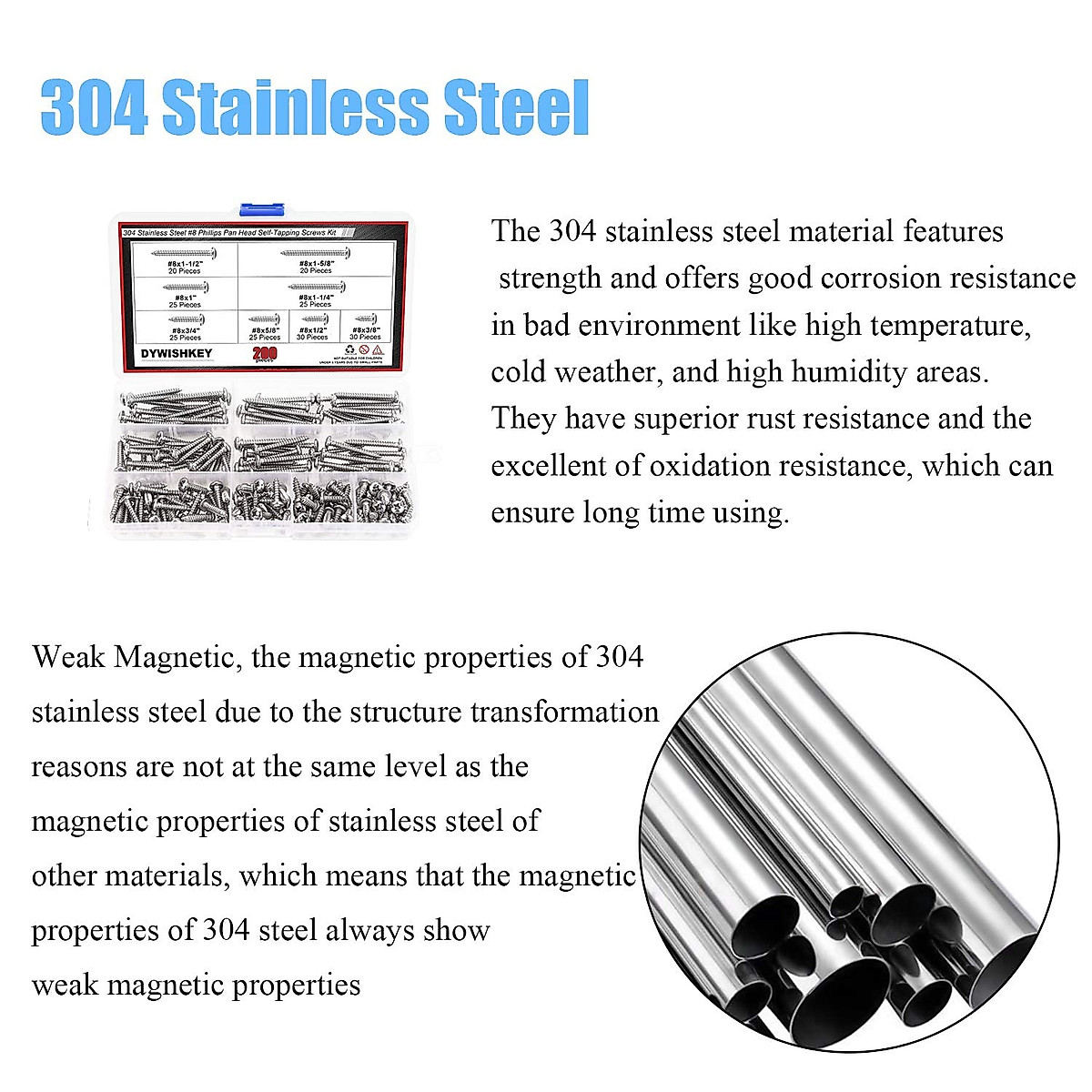 DYWISHKEY 200 Pieces #8 x 3/8", 1/2", 5/8", 3/4", 1", 1-1/4", 1-1/2", 1-5/8" Stainless Steel 304 Phillips Pan Head Self-Tapping Screws, Wood Screws Assortment Kit