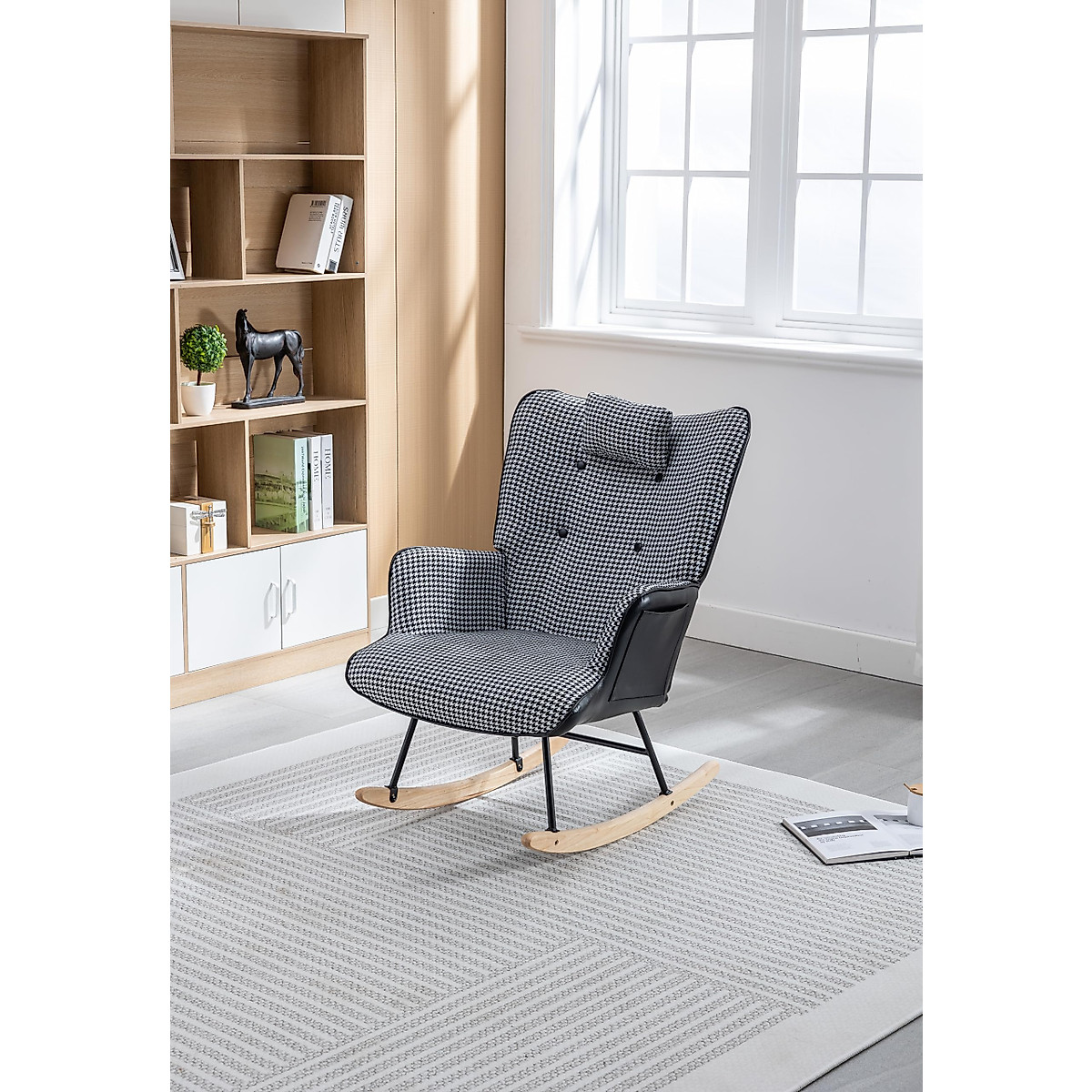 Lepfun Velvet 35.5 inch, Soft Houndstooth Leather Fabric Rocking Chair for Nursery,Comfy Wingback Glider Rocker with Safe Solid Wood Base for Living Room Bedroom and Balcony,Black