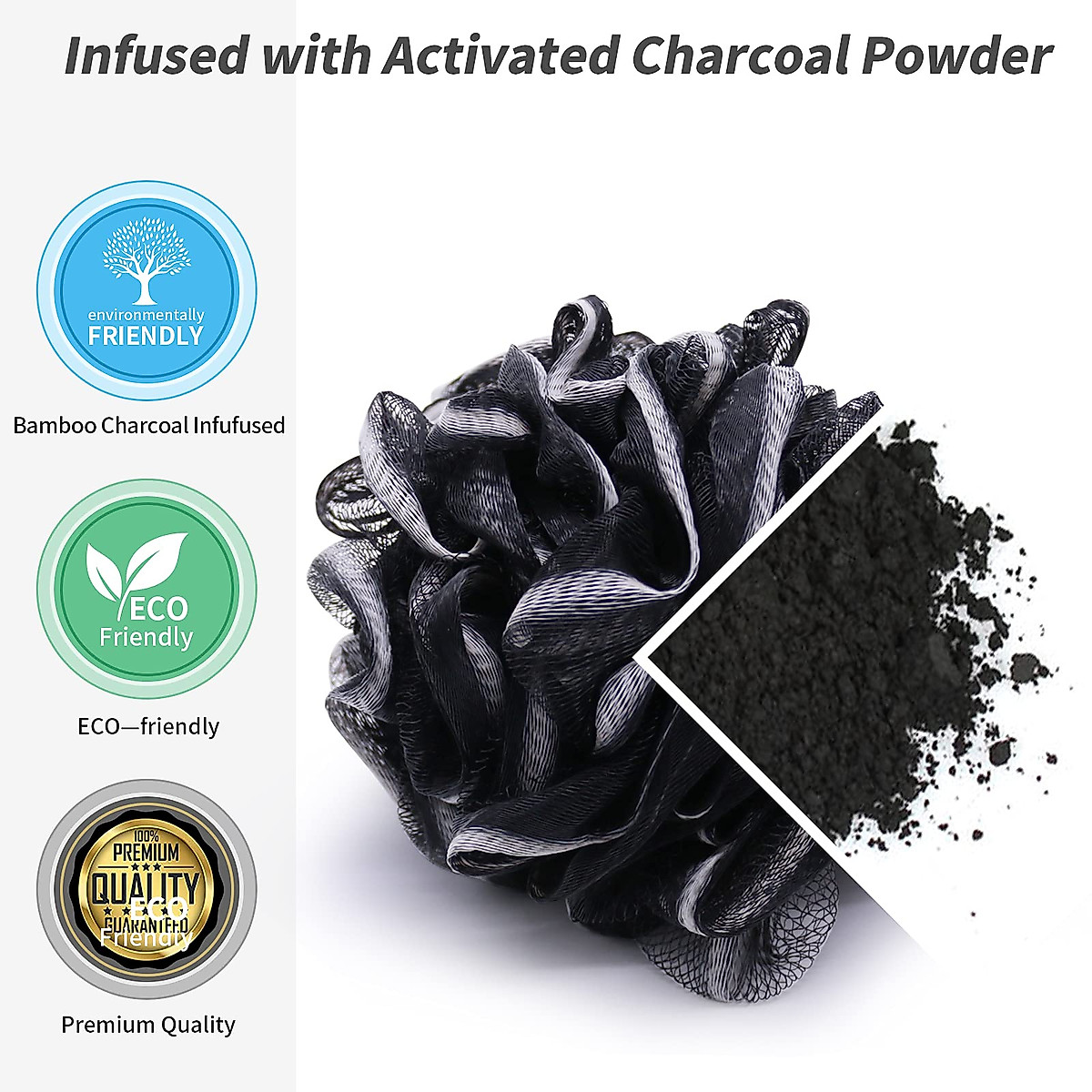 Bath Puffs Shower Loofah Sponge - Mesh Body Poufs, Large Loufa Sponges, Men Women Luffas, Soft Exfoliating Shower Lufa Poofs Back Scrubber Ball loofas for Skin Wash, 3 Pack（XL 75G), Black