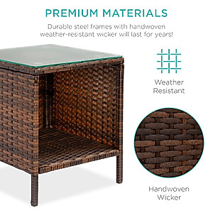 Best Choice Products 3-Piece Outdoor Wicker Conversation Bistro Set, Space Saving Patio Furniture for Yard, Garden w/ 2 Chairs, 2 Cushions, Side Storage Table - Brown/Red