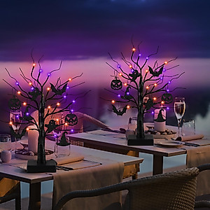 2 Pack 24 Inch Black Halloween Tree with 24 LED Orange Purple Lights, Timer/USB/Battery Operated Light Up Halloween Table Decorations, Spooky Halloween Decorations Indoor Home Mantle Room Party Decor