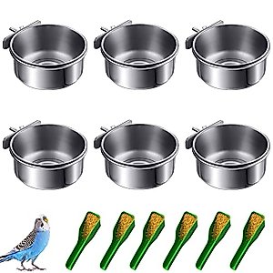 Lucky Interests 6 pcs Bird Feeding Dish Cups, Parrot Stainless Steel Food Bowl Bird Cage Water Feeder with Clamp Holder for Parrots Cockatiel Budgies Lovebird Parakeet Feeding Cups with 6 Bird Spoon