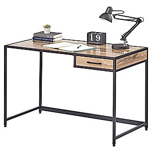 mDesign Metal & Wood Sturdy Home Office Desk with Righthand Drawer - Computer Desk, Home Office Writing, Small Desk, Modern Simple Style PC Table - Black Metal Frame/Gray Wash Wood Top