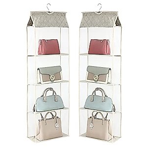 Jwukiie Wall-Mounted Carrying Bag and Wallet’s Storage Bag, with 4 Space-Saving Bag Storage Systems，Handbag Storage Hanging Bag for Wardrobe Closet (Pack of 2 Beige)