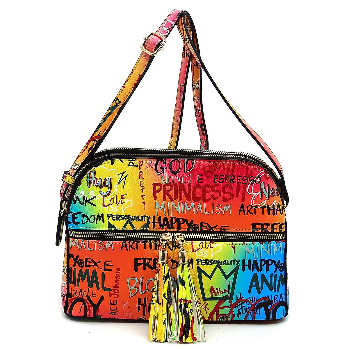 MIZUBA Multi Graffiti Tassel Zipper Crossbody Bag graffiti bags for spray cans graffiti art bag graffiti bags and purses (Blue/fuchsia)