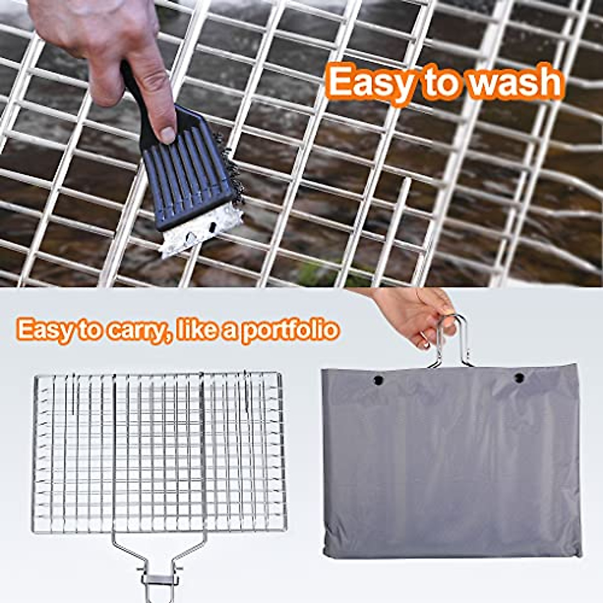 Grill Basket - Stainless Steel BBQ Grilling Basket, Foldable BBQ Basket with Detachable Handle, Portable Barbecue Grid for Fish Steak Vegetable Shrimp Including Basting Brush & Storage Bag (32x22cm)